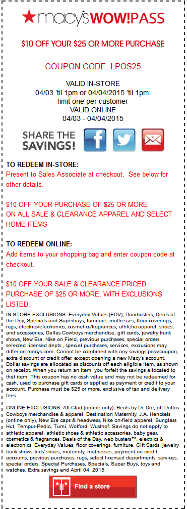 $10 off $25 til 1pm at Macys, or online via promo code LPOS25 | Macys ...
