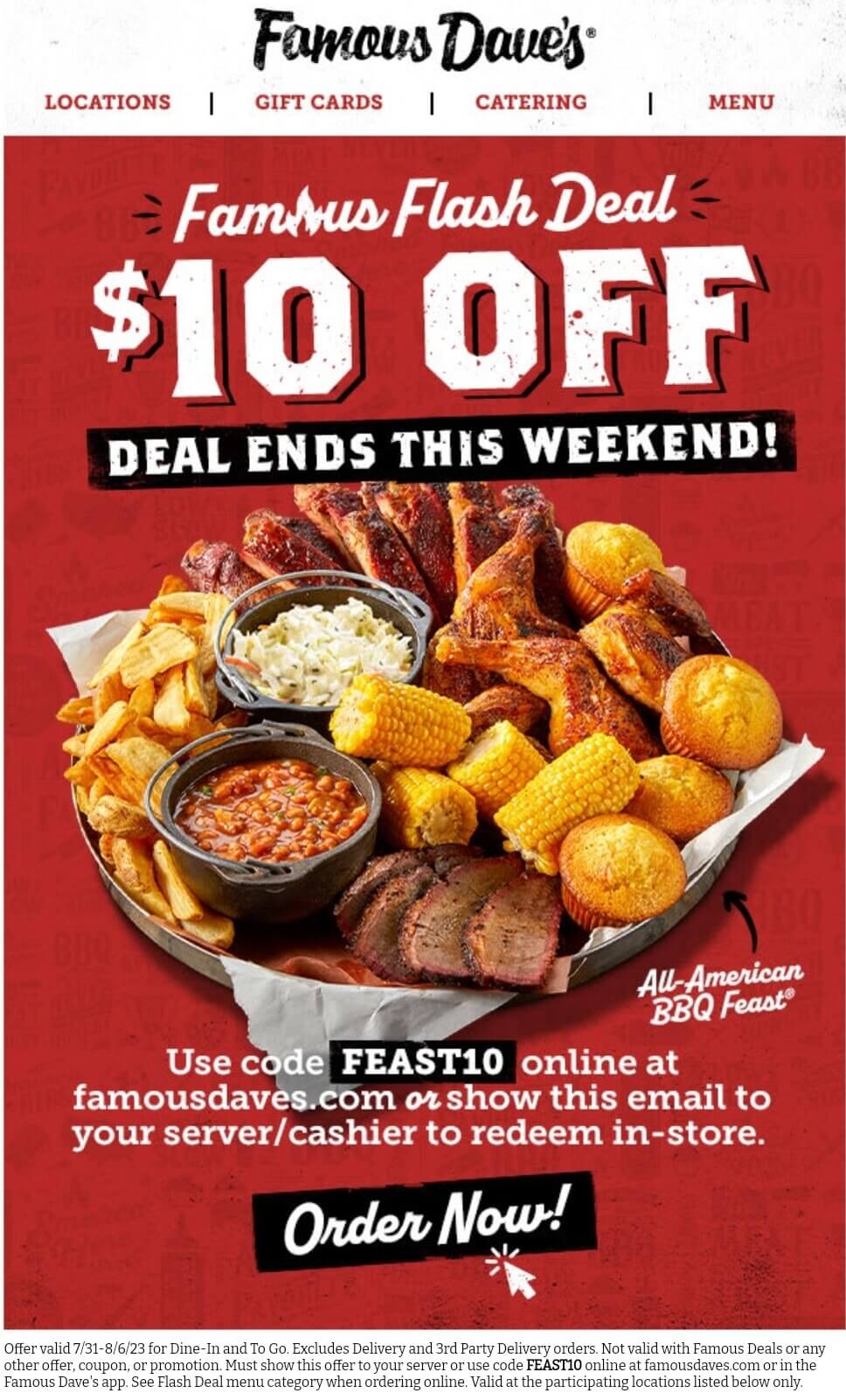 $10 off a feast at Famous Daves restaurant via promo code FEAST10 ...
