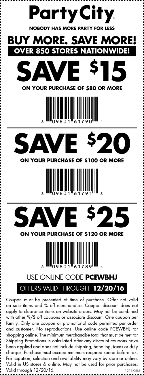 $15 off $80 & more at Party City, or online via promo code PCEWBHJ ...