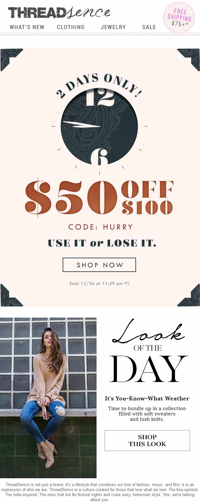 $50 off $100 online at Threadsence via promo code HURRY | Threadsence ...
