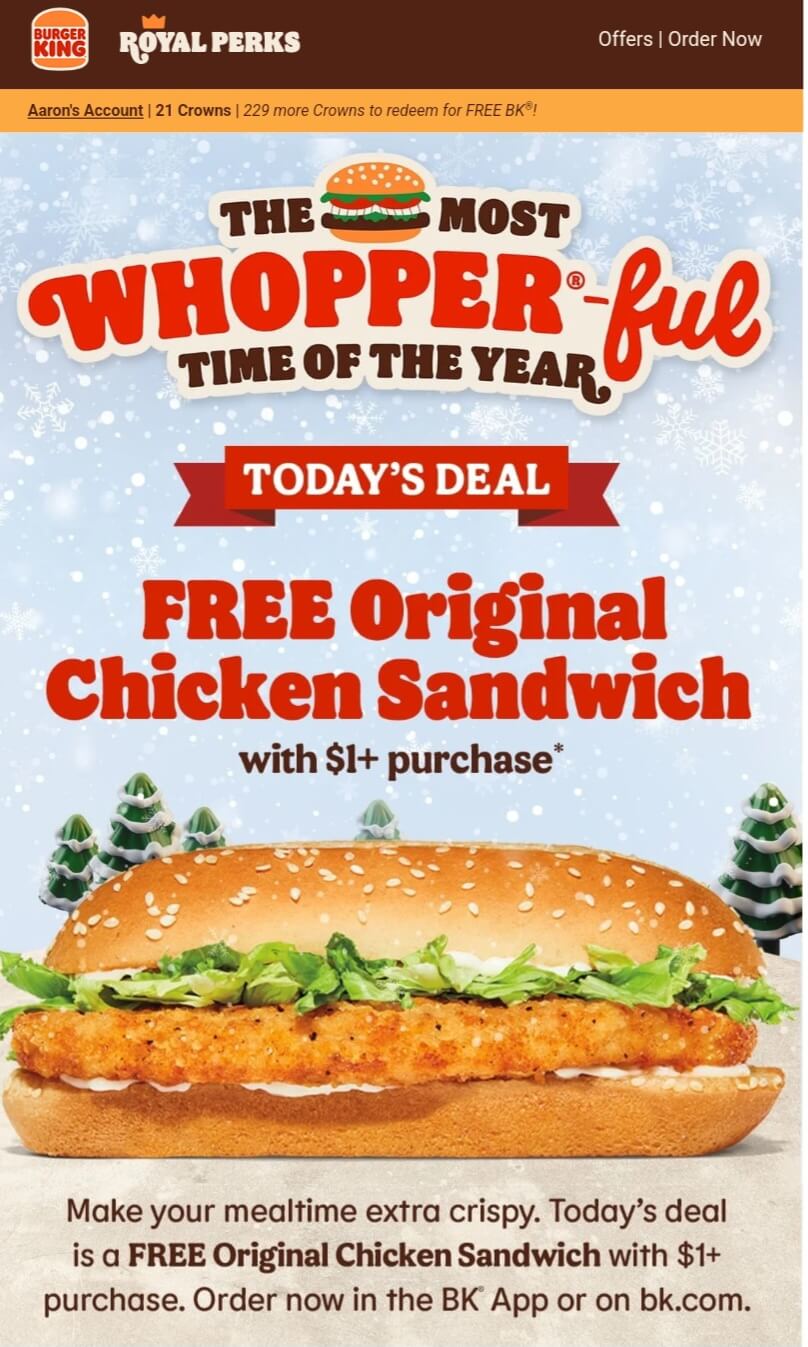 Free chicken sandwich on $1 today at Burger King | Burger King December ...