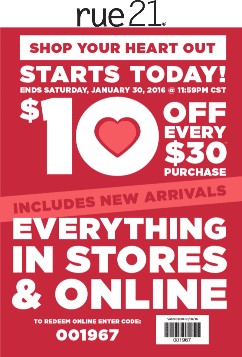$10 off every $30 at rue21, or online via promo code 001967 | Rue21 ...