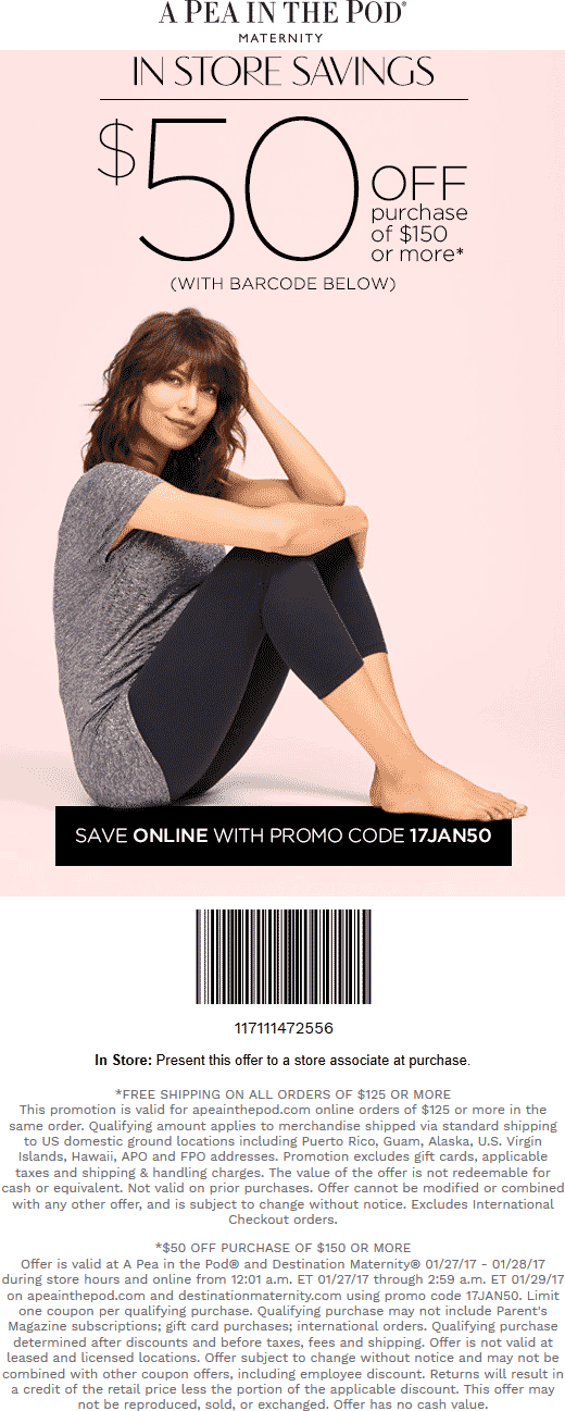 $50 off $150 at A Pea in the Pod, or online via promo code 17JAN50 | A ...