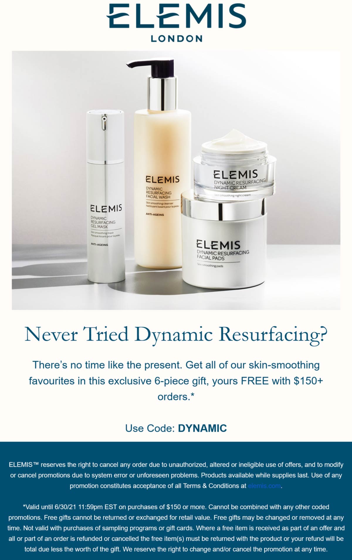 Free 6pc set with $150 spent at Elemis cosmetics via promo code DYNAMIC ...