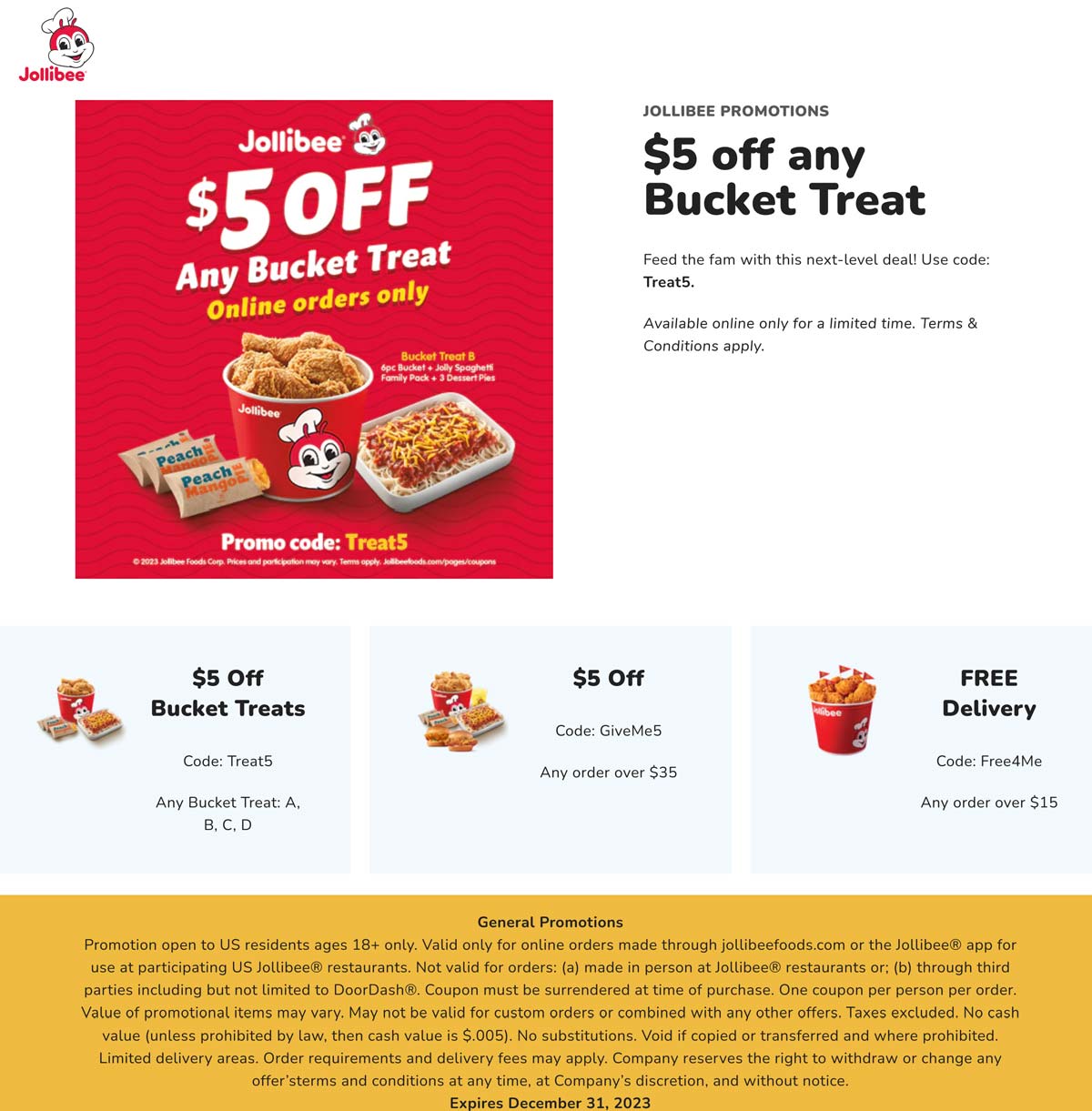 $5 off $35 & more at Jollibee restaurants via promo code GiveMe5 # ...