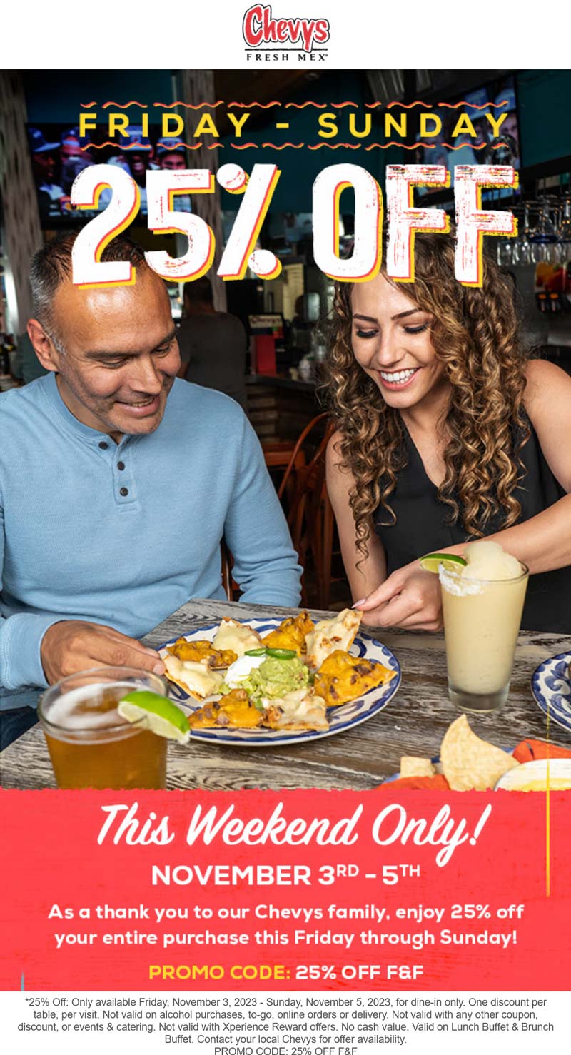 25% off at Chevys Fresh Mex restaurants | Chevys October 2025 Coupons ...