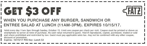 $3 off any lunch burger at Fatz restaurants | Fatz December 2025 ...