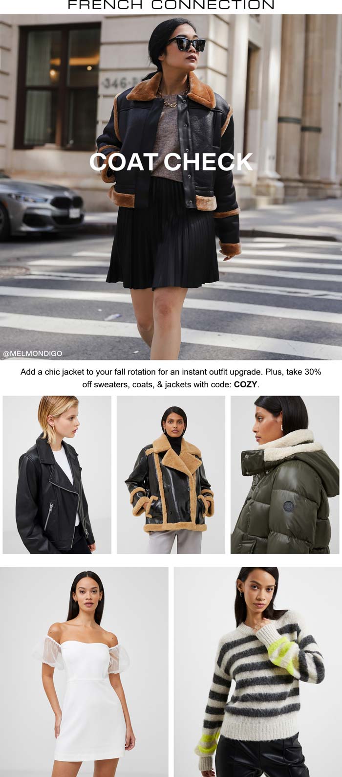 30% off sweaters & coats at French Connection via promo code COZY ...