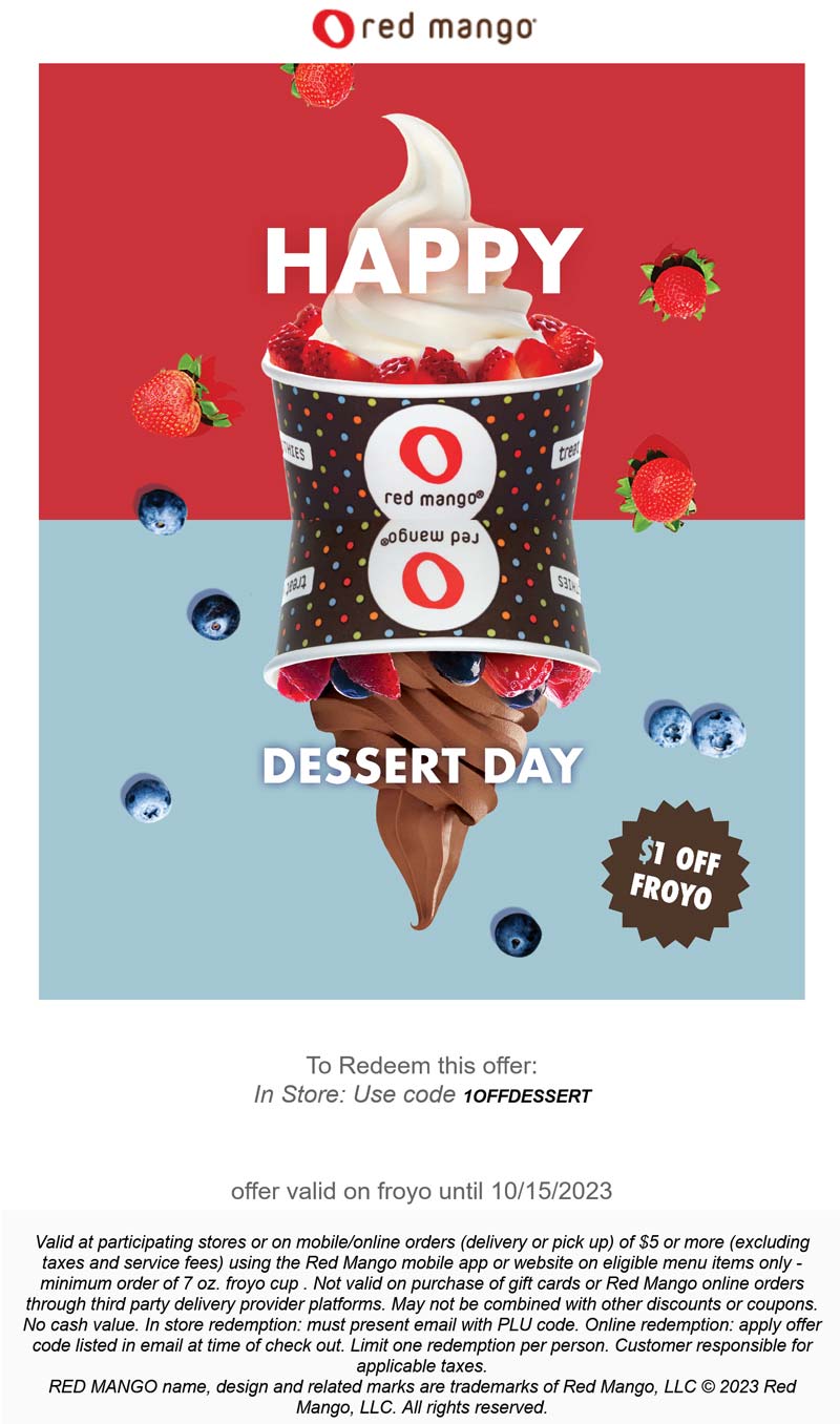 $1 off froyo dessert at Red Mango via promo code 1OFFDESSERT | Red ...