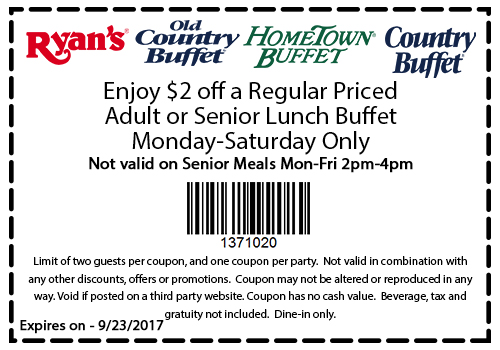 $2 off lunch at Ryans, HomeTown Buffet & Old Country Buffet | Old ...