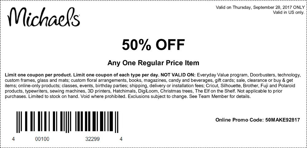 50% off a single item today at Michaels, or online via promo code ...