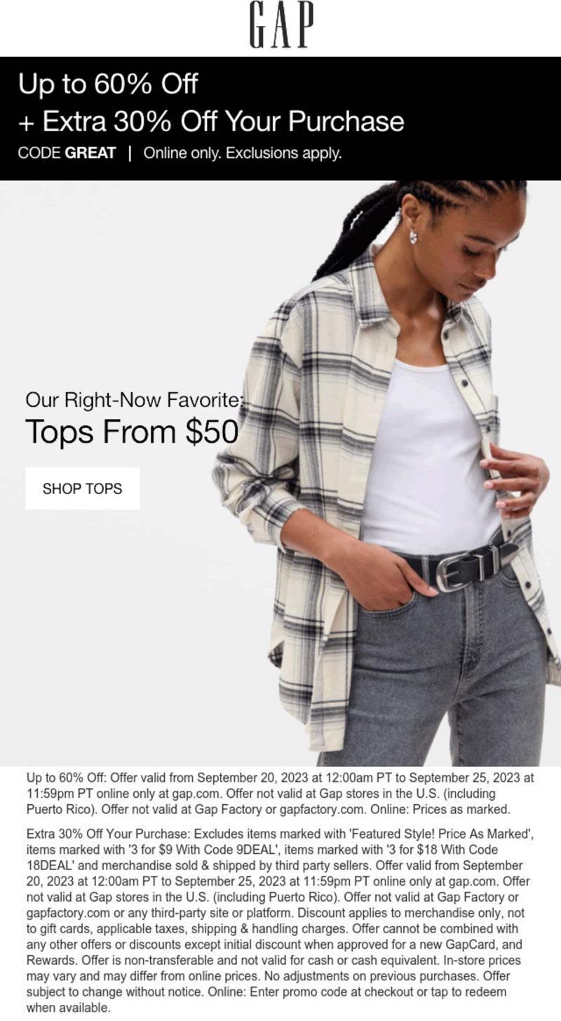 Extra 30% off online today at Gap via promo code GREAT | Gap September 2025 Coupons, Promo Codes ...