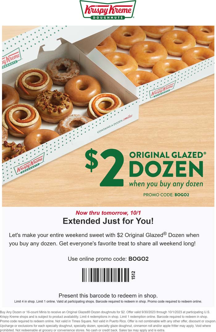 Second dozen doughnuts for $2 at Krispy Kreme, or online via promo code ...